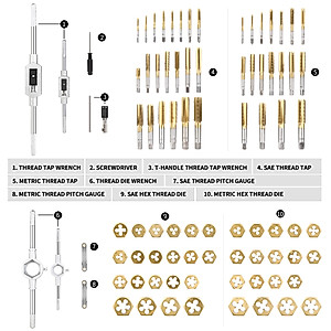 WYNNsky Die and Tap Set in SAE and Metric, Hex Threading Dies for External Threads, Thread Tap for Internal Threads, Thread Wrench, Thread Pitch Gauge, 86 Pieces Gauge Kit for DIY Tapered
