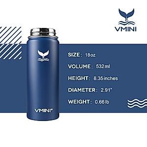 Vmini Water Bottle with Straw, Kids Water Bottle with Wide Rotating Handle Straw Lid, Wide Mouth Vacuum Insulated Stainless Steel Water Bottle, Blue, 18 oz