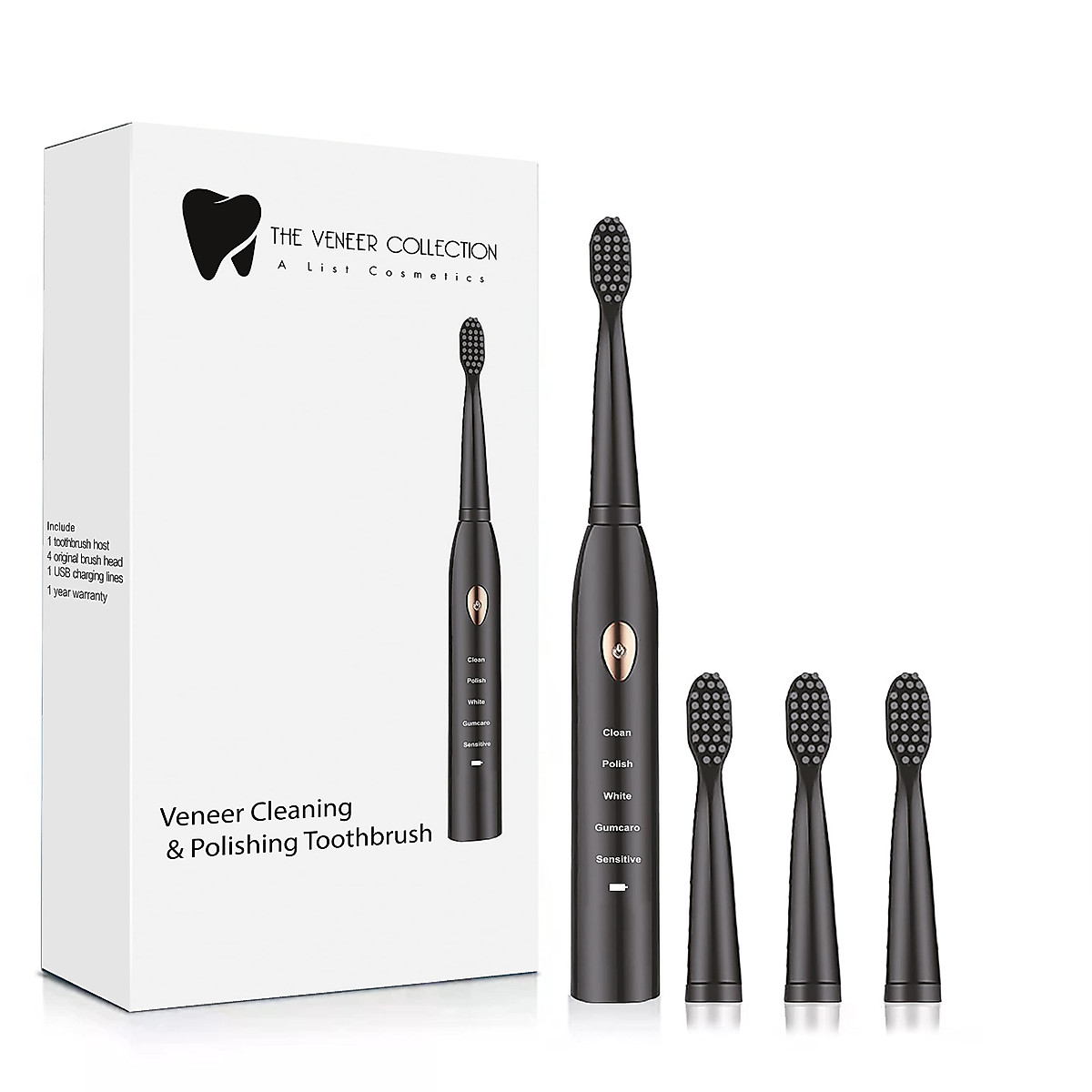 The Veneer Collection Veneer Polishing Toothbrush, Electric Toothbrush Rechargeable, Toothbrush for Veneers (Black)