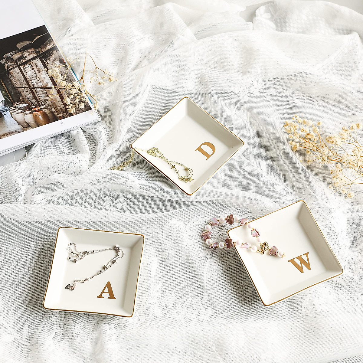 COLLECTIVE HOME - Ceramic Jewelry Tray, Monogram Decorative Trinket Dish for Rings Earrings Necklaces Bracelet Watch Keys, Birthday Mother's Day Christmas Gift for Women, 4" x 4" (A)