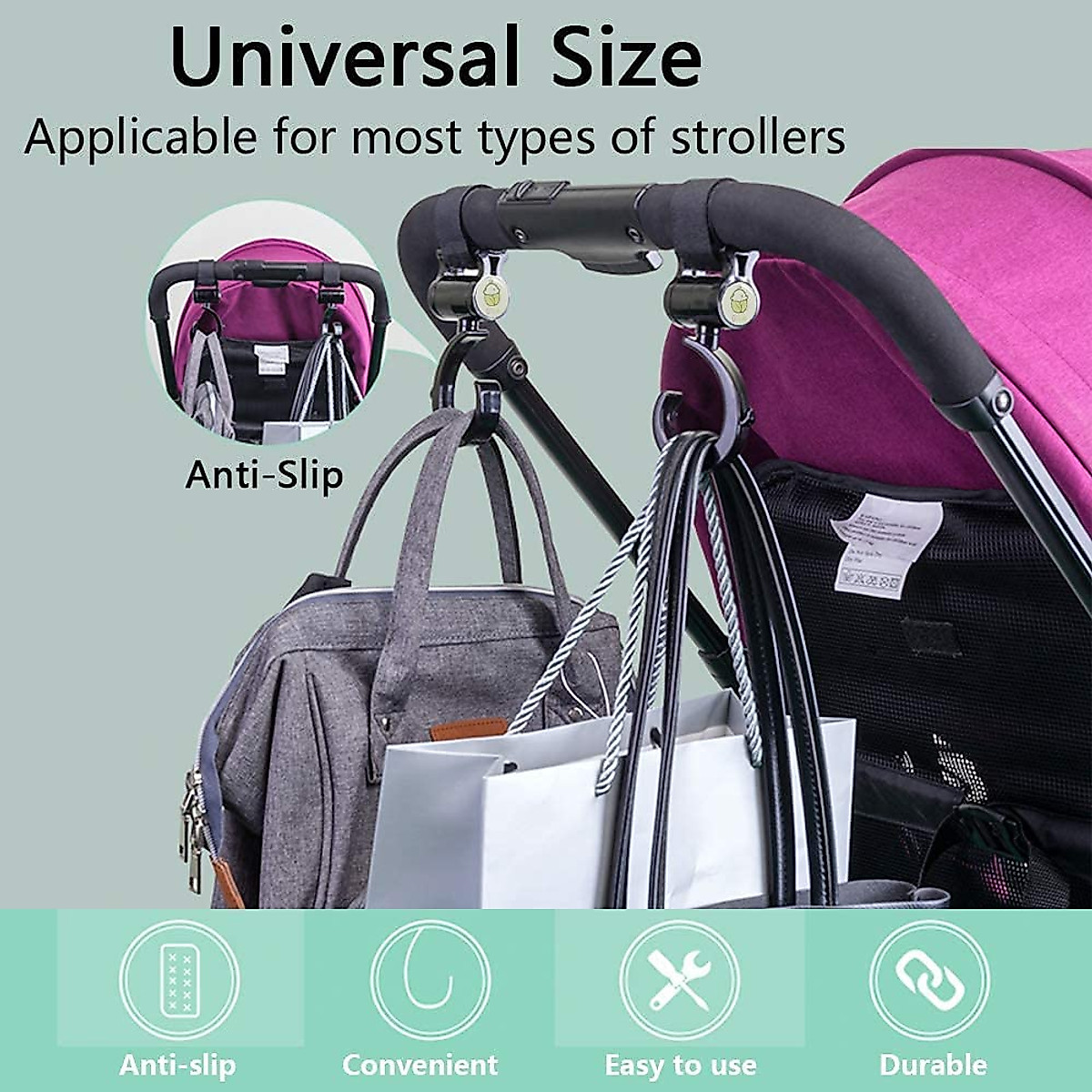 QT Lab -Stroller Hook, Stroller Hooks for Diaper Bags, Stroller Hook Large, Stroller Bag Clips, Stroller Hooks for Hanging, Stroller Straps, Hook for Mommy Stroller, Stroller Hanger, 2 pack Heavy Duty