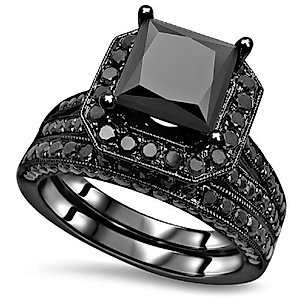 Ritika Created Princess Cut Black Diamond 925 Sterling Silver In 14K Black Gold Over Fashionable Bridal Set Wedding Engagement Ring for Women