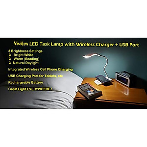 ViviLux LED Task Lamp with Wireless Charger, USB Port and Flexible Neck; Rechargeable Battery Powered, Lightweight and Compact Desk or Table Lamp for School, Work, Hobbies, Crafts, Reading and More