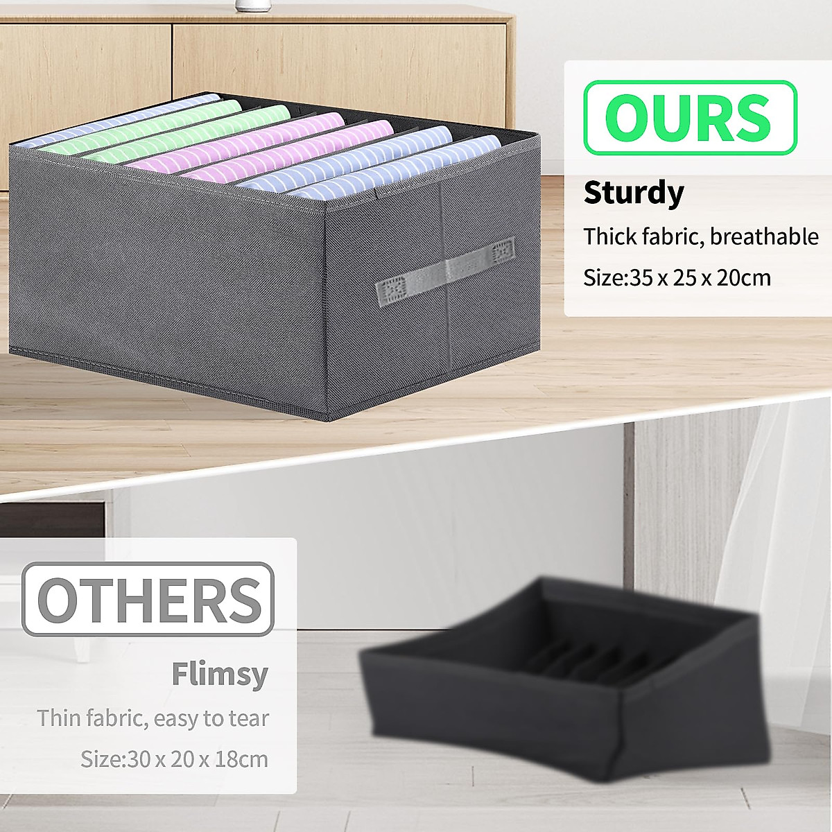 Suzurana 6 Pack Jeans Organizer for Closet, Foldable Wardrobe Clothes Organizer with Handle, Stackable Closet Clothes Drawer Organizer Tshirts with 7 Grids for Leggings, Sweater, Jean, Pants, Grey