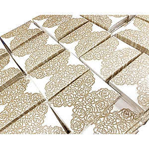 ponatia 25PCS Hollow Rose Laser Cut Wedding Invitations Cards with Envelopes, Printable Paper with Burgundy Ribbons For Wedding Bridal Shower Engagement Sweet 16 Birthday Invite (Gold Glitter)