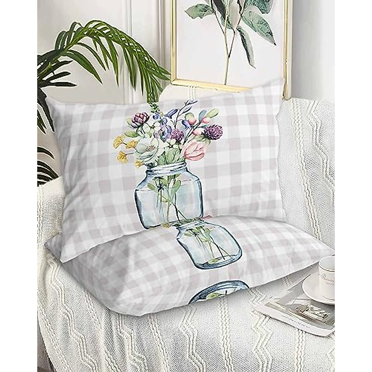 Edwiinsa Spring Floral Pillow Covers King Standard Set of 2 20x36 Bed Pillow, Summer Colorful Flower Beige Plaid Plush Soft Comfort for Hair/Skin Cooling Pillowcases with Envelop Closure