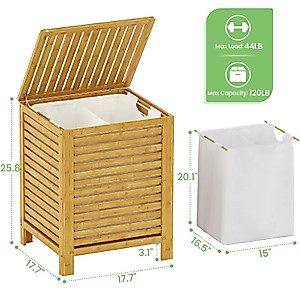 VIAGDO Laundry Hamper with Lid, 120L Large Divided Clothes Hamper, Bamboo Laundry Basket with 2 Sections Removable Liner Bag, 17.7x17.7x25.8 Inches, Natural