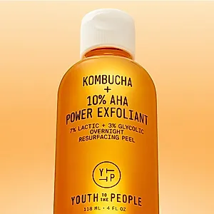 Youth To The People Kombucha + 10% AHA Power Exfoliant (4 fl oz), Overnight Resurfacing Peel, Helps Fade Discoloration + Smooth Skin Texture, Lactic + Glycolic Acid, Fragrance-free, Vegan