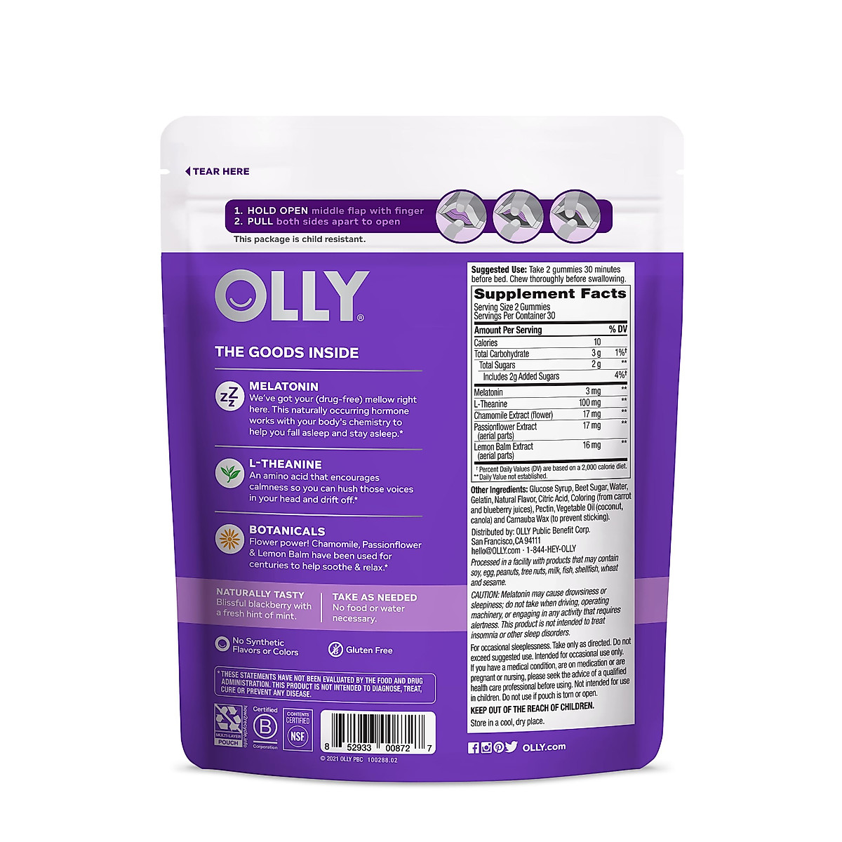 OLLY Sleep Gummy, Occasional Sleep Support, 3 mg Melatonin, L-Theanine, Chamomile, Lemon Balm, Sleep Aid, Blackberry - 60 Count