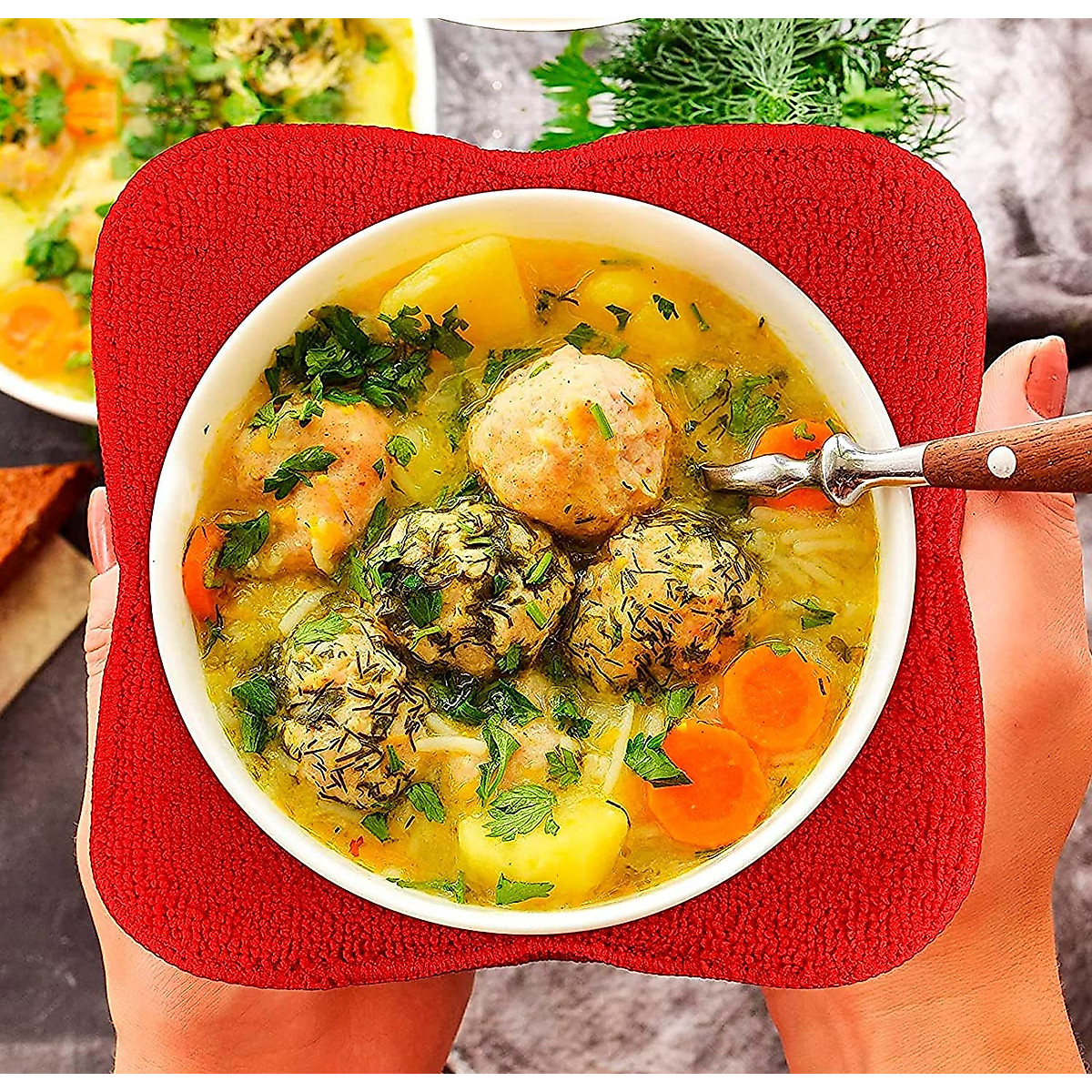 ULVEOL Set of 2 Red Microwave Bowl Cloth Hot Pads Pot Holders Hot Pad Pot Holder Microwavable Bowl Cozies for Food, Ooma, Ramen Bowl Cozy or Soup Koozie, Good Kitchen Accessories, Gadgets