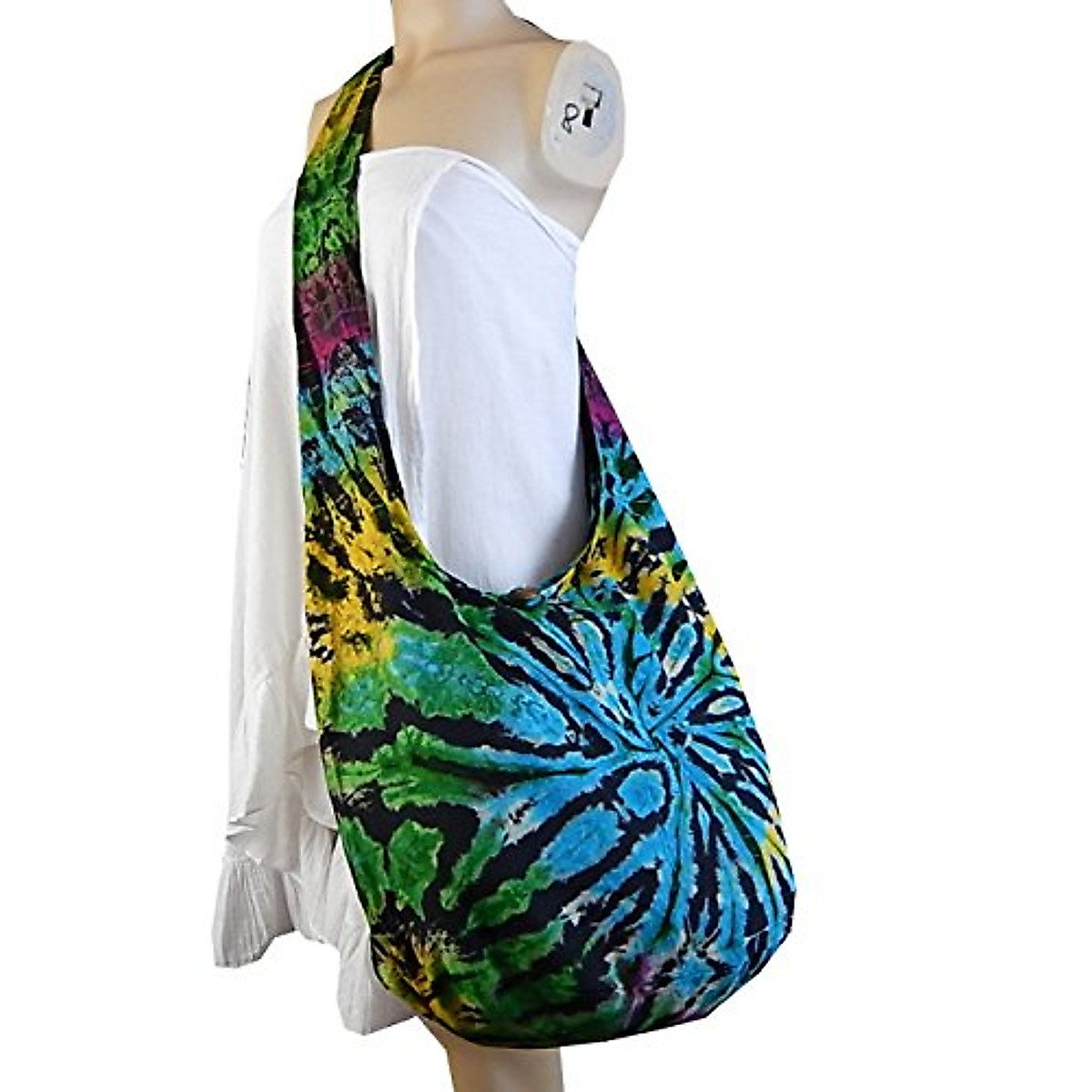 BTP! Tie Dye Sling Crossbody Shoulder Bag Purse Hippie Hobo Cotton Bohemian Colorful Firework, Random Spiral Dark Tone, Large