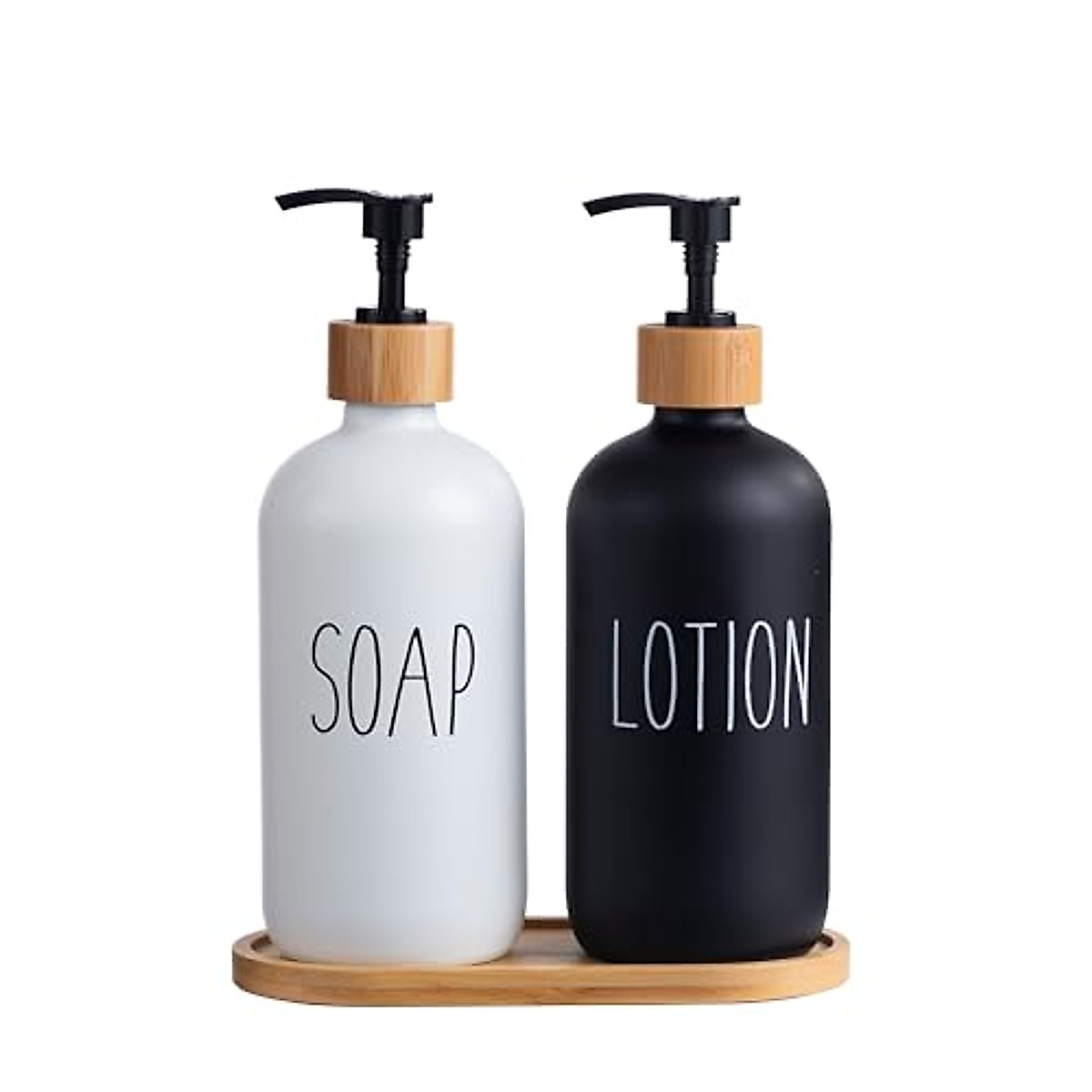Vorey Bathroom Glass Soap Dispenser Set with Pump, Soap and Lotion Dispenser with Bamboo Tray for Farmhouse Decor (Black & White)