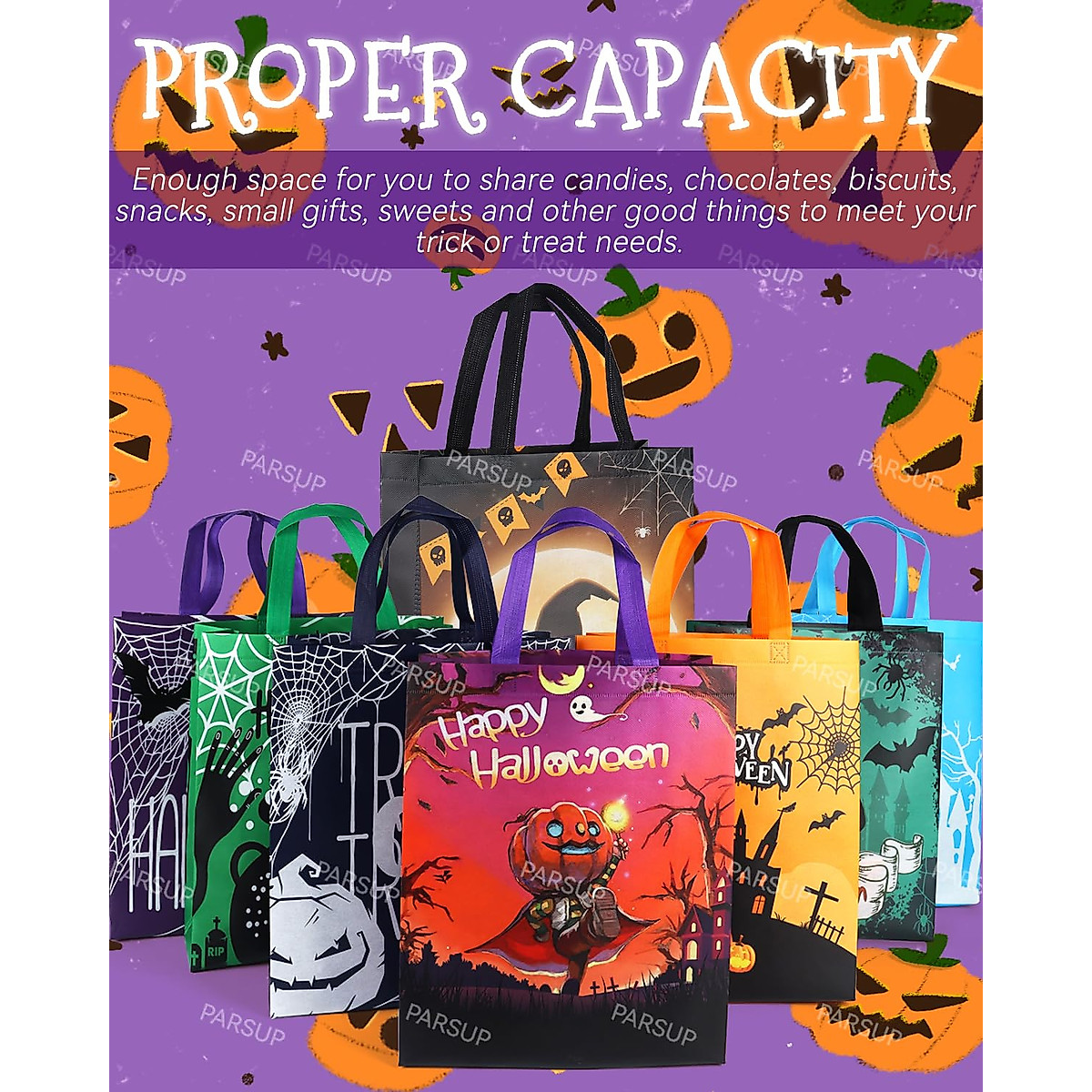 Aviski 8PCS Halloween Trick or Treat Bags, Halloween Tote Bags with Handles, Large Gift Bags, Multifunctional Non-Woven Halloween Bags for Gifts Wrapping, Halloween Party Supplies, 15×11.8×3.9“