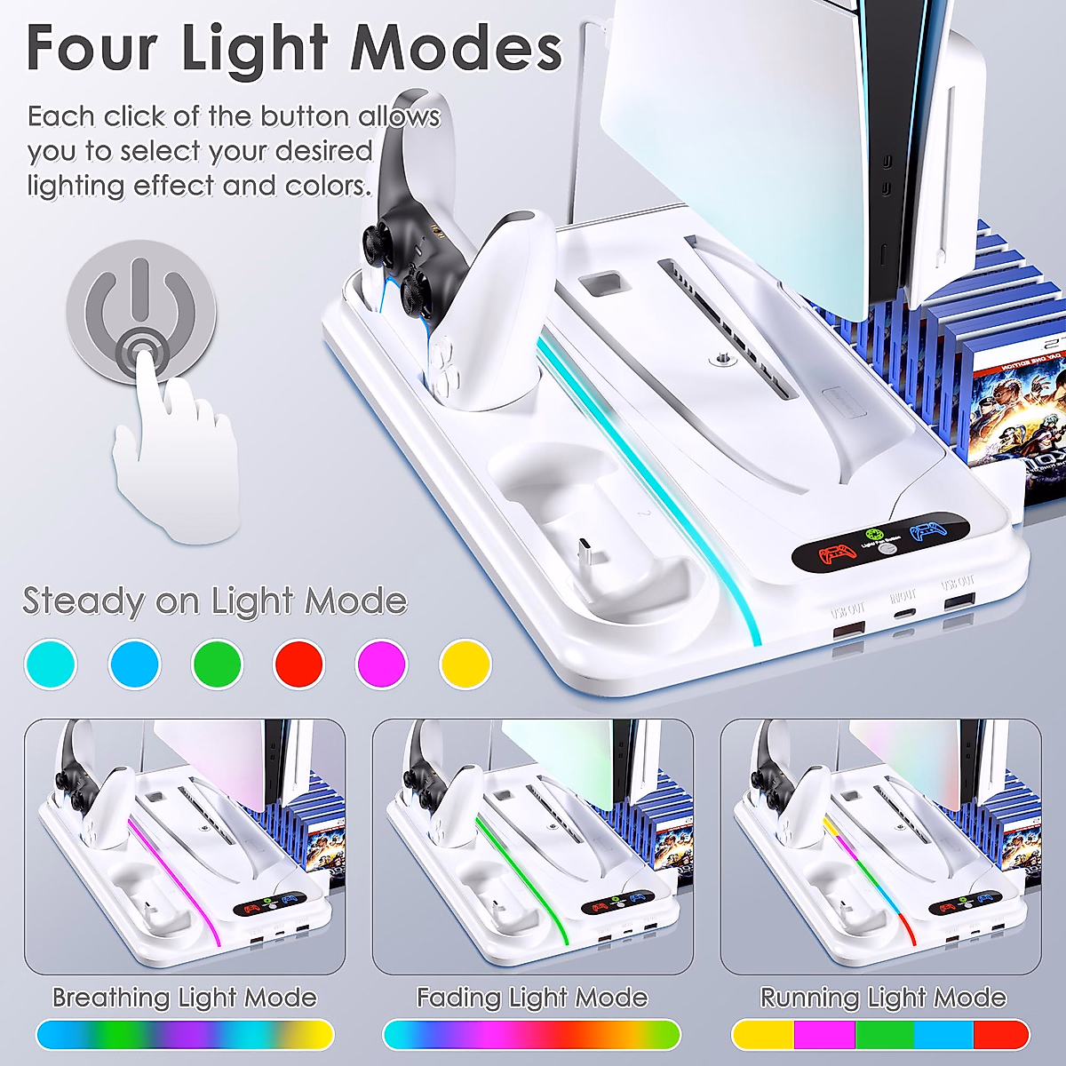 PS5 Cooling Station for PS5/Slim/Pro Disc Digital Console,PS5 Fan Cooling Fan with Dual PS 5 Controller Charger,3 Level Fan, RGB Light,12 Slot, PS5/Slim/Pro Stand for PlayStation 5 Console Accessories