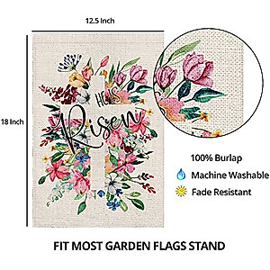 Easter Religious Cross Garden Flag 12x18 Inch Double Sided He is Risen with Flower,Small Seasonal Yard Flag for Farmhouse Holiday Outdoor Outside Decor