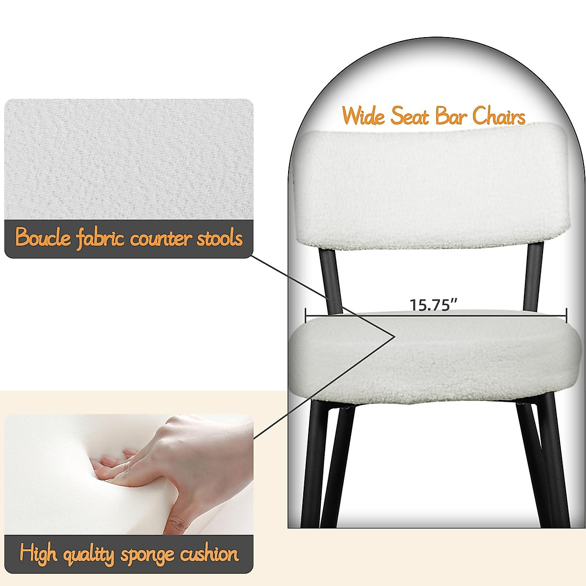 Sucrever 24” Boucle Bar Stools Set of 2, Counter Height Bar Stools with Back, Sherpa Barstools with Black Metal Legs/Footrest, Cream White