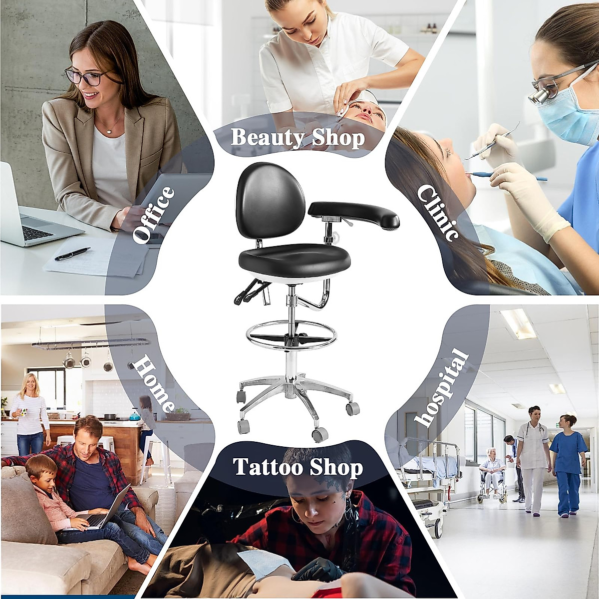 LIMKOMES Medical Dental Assistant Chair with Rotatable Armrest Rolling Medical Chair Ergonomic Swivel Seating Back Support Dentist Stool for Clinics, Dental Offices, Labs-Black