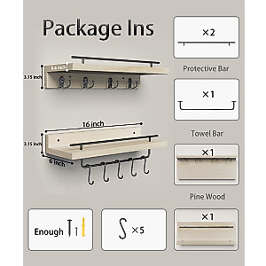 Wood Floating Shelves with Hooks, Wall Mounted Coat Rack with Shelf Set of 2, Bathroom Wall Shelf with Removable Towel Bar, Hanging Shelves with 9 Hooks for Kitchen Entryway Coffee Bar, Maple Wood