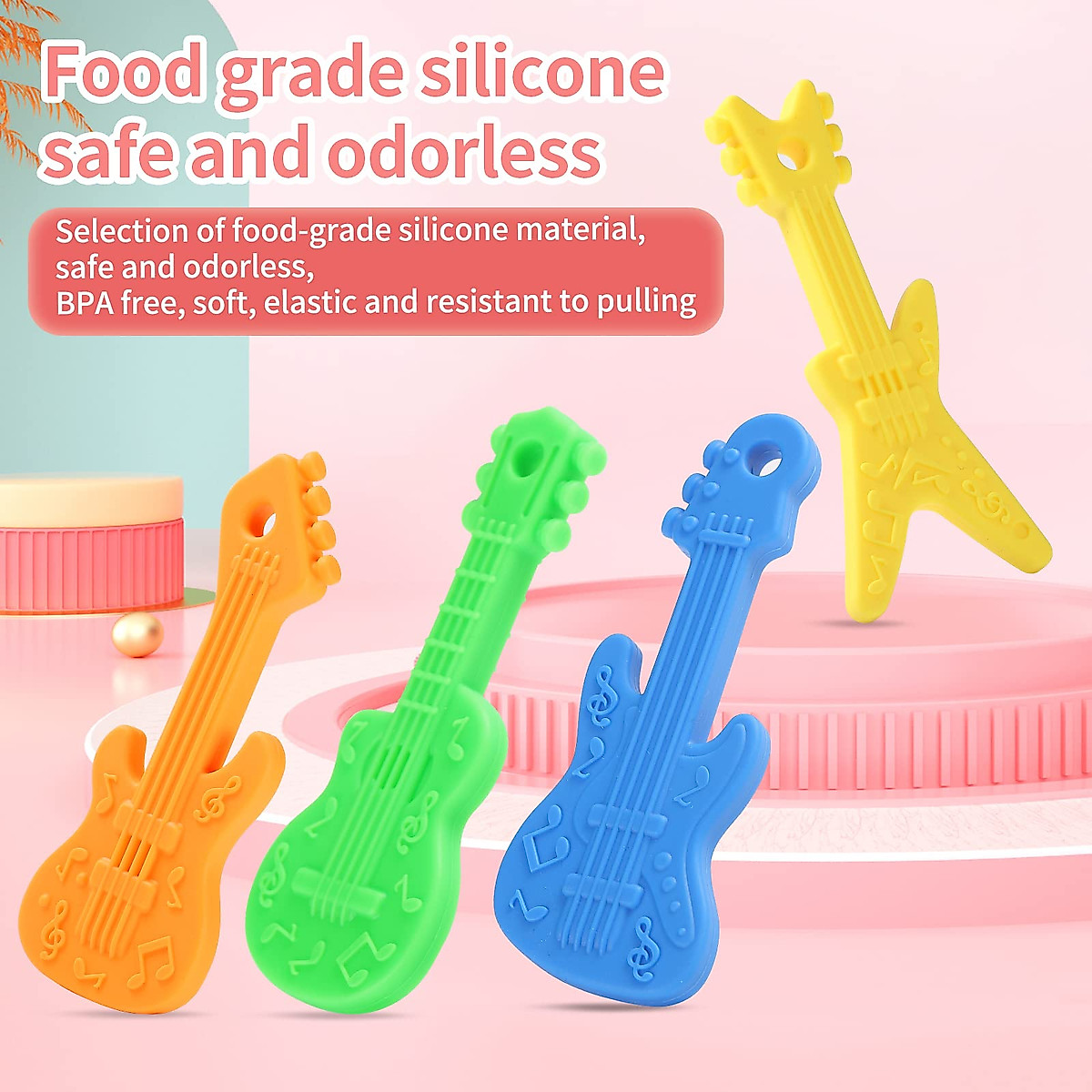 Meartchy 4 Pack Baby Teething Toys, Cartoon Guitar Teether Toys for Baby Infants, Silicone Chew Toy for Babies 0-24 Months