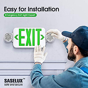 SASELUX Green Led Exit Sign Emergency Light Combo Adjustable Two Head, Double Sided and Battery Backup Exit Light, Contractor Select, AC 120/277V (4 Pack)