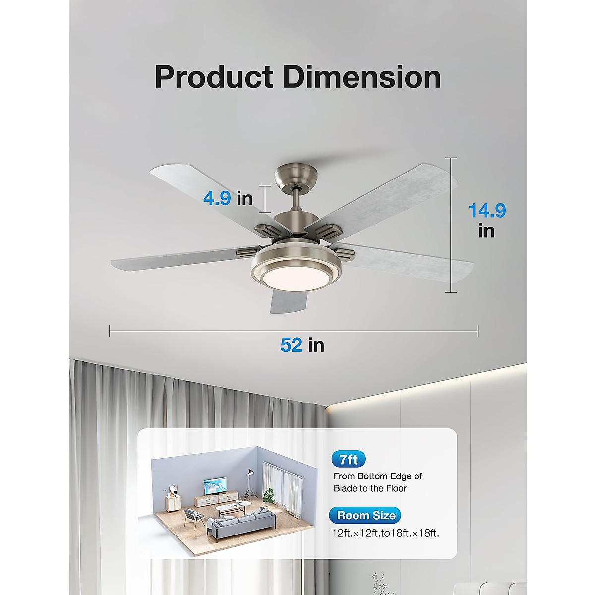 warmiplanet Ceiling Fans with Lights and Remote Control, 52 Inch, 6 Speeds Reversible DC Motor, 3 Color Dimmable Light, Timer, Noiseless, Brushed Nickel, 5 Blades, 2 Pack