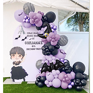 Halloween Balloon Garland Arch Kit, 154pcs Metallic Dusty Macron Purple and Black Balloon with Witch Hat Bat Striped Foil Balloons for Halloween Vampirina Nightmare Prom Horror Themed Party Decoration