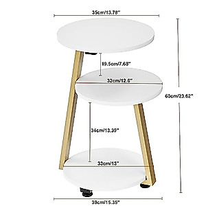 BEWISHOME Round End Table Side Table with Metal Frame, Accent Table Nightstand Bedside Table with 3-Tier Shelves, Small Table for Living Room Bedroom Couch Table Small Coffee Table White Gold KTZ41M