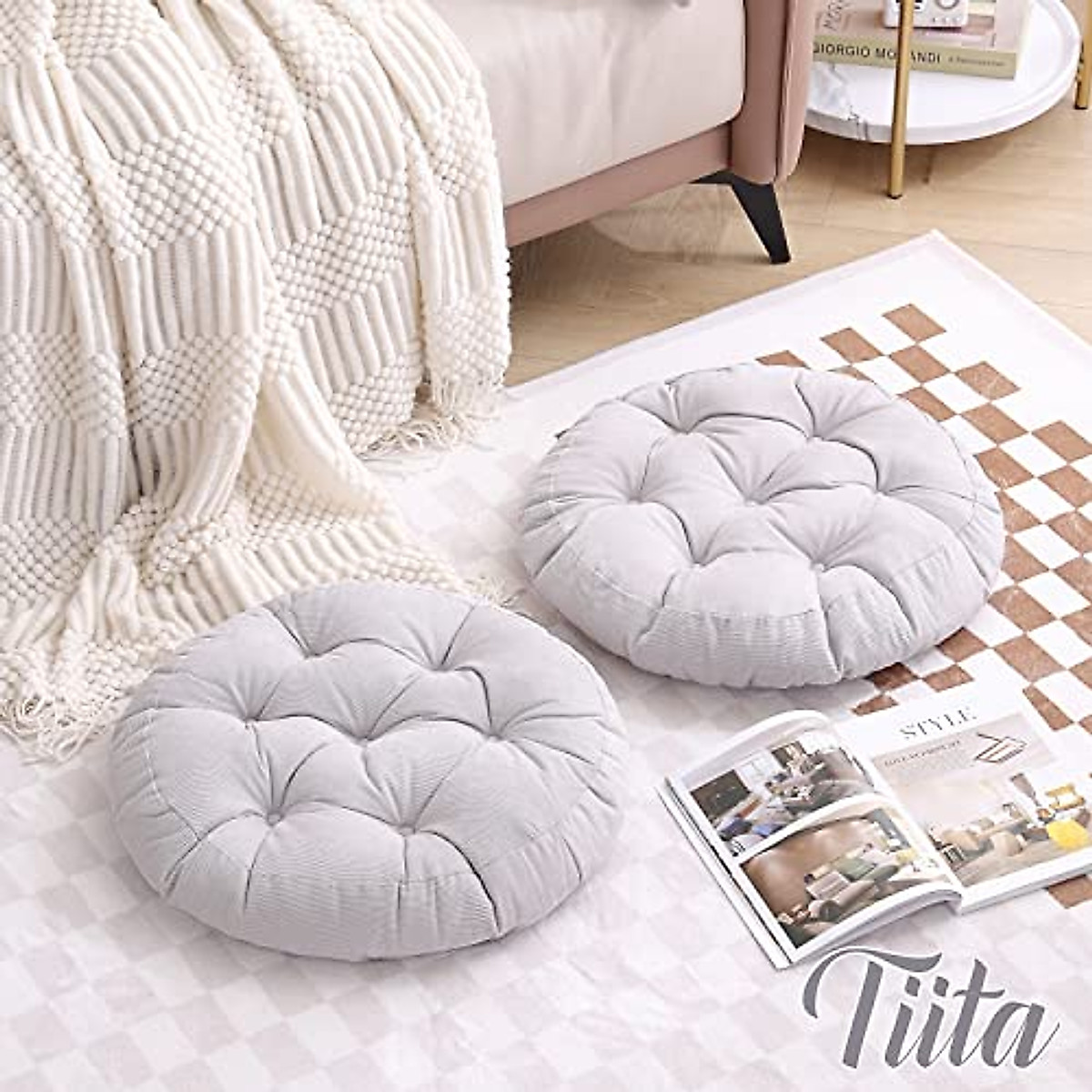Tiita Patio Chair Cushions Round Seat Pillows Set of 2 Floor Pads 16 x 16 inch Throw Cushion for Indoor/Outdoor Furniture Sitting Living Room Garden, Grey