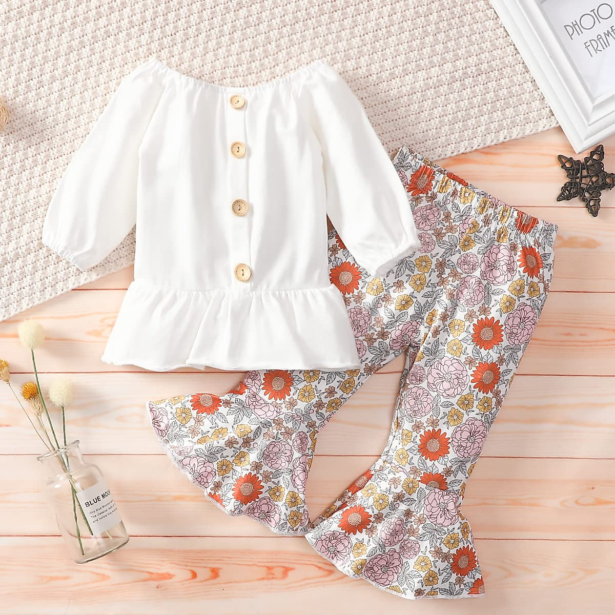 Aimaopao Baby Girl Floral Clothes Set Toddler Girls Long Sleeve Tops and Pants Kids 2Pcs Outfits Clothing (Buttons&Flowers, 4-5T)