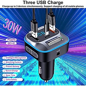 Bluetooth Adapter Car, 2023 Stronger Hi-Fi Bass Sound, Wireless Bluetooth FM Radio Adapter, Handsfree Call,30W PD&QC3.0 Fast Charging, 7 Colors LED, Support AUX Output and U Disk Bluetooth Transmitter