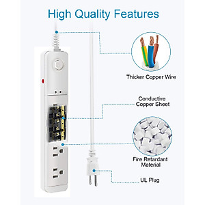 Power Strip Extension Cord, Surge Protector, 6 Ft, 4 Outlet Heavy Duty, 3 Prong Plug, Overload Protection, Ideal for Home or Office Equipment, White