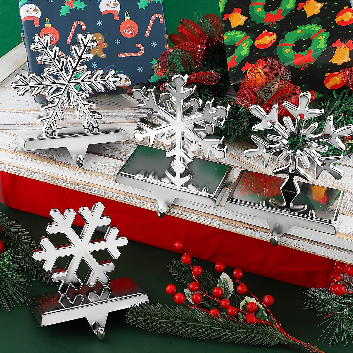 URATOT Pack of 4 Christmas Stocking Holders Snowflake Stocking Hangers Mantel Stocking Hooks for Christmas Decoration, Silver