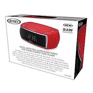 Jensen Red Modern Home CD Tabletop Stereo Clock Digital AM/FM Radio CD Player Dual Alarm Clock CD Top-Loading Player | USB Charging Port DV 5V 800mA | Headphone Jack | 0.9 Display Green LED