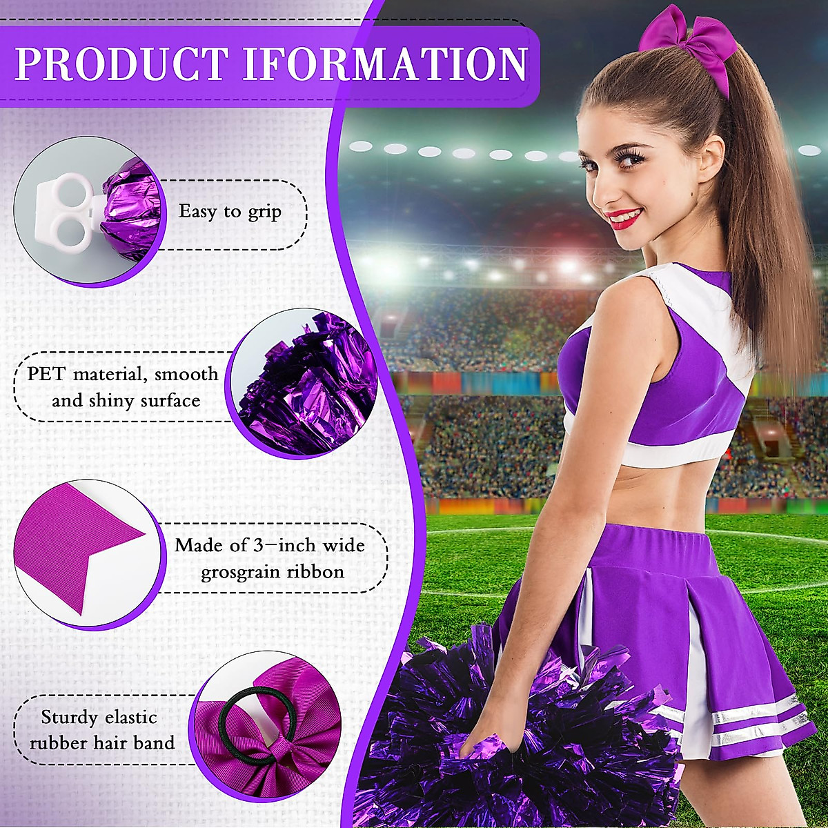 Hanaive 3 Pcs Cheerleading Pom Poms and Large Cheerleader Hair Bow for Girl Metallic Cheer Pom Poms for Teen Dance (Purple Pom,Classic Style)