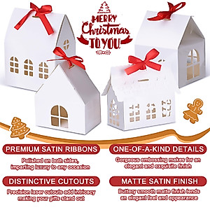 Yinder 25 Pcs House Shaped Gift Boxes with Red Ribbons House Shaped Candy Boxes House Treat Boxes Party Favors Cookie Boxes for Gift Giving White Paper Gable Boxes for Wedding Xmas Party, 4 Styles