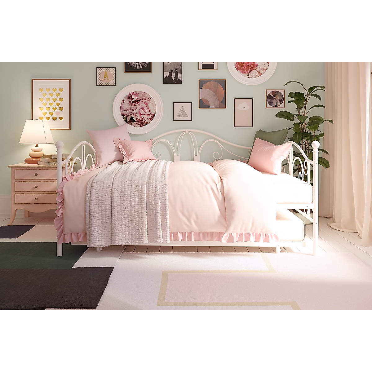 DHP Bombay Metal Full Size Daybed Frame with Included Twin Size Trundle - White, 4040129