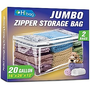 HIBAG 20 Gallon Large Storage Bag for Clothes, Zipper Clothing Storage Bag, Clear Organizer with Reinforced Handles, for Comforters Blankets Pillows Bedding (2 Pack)