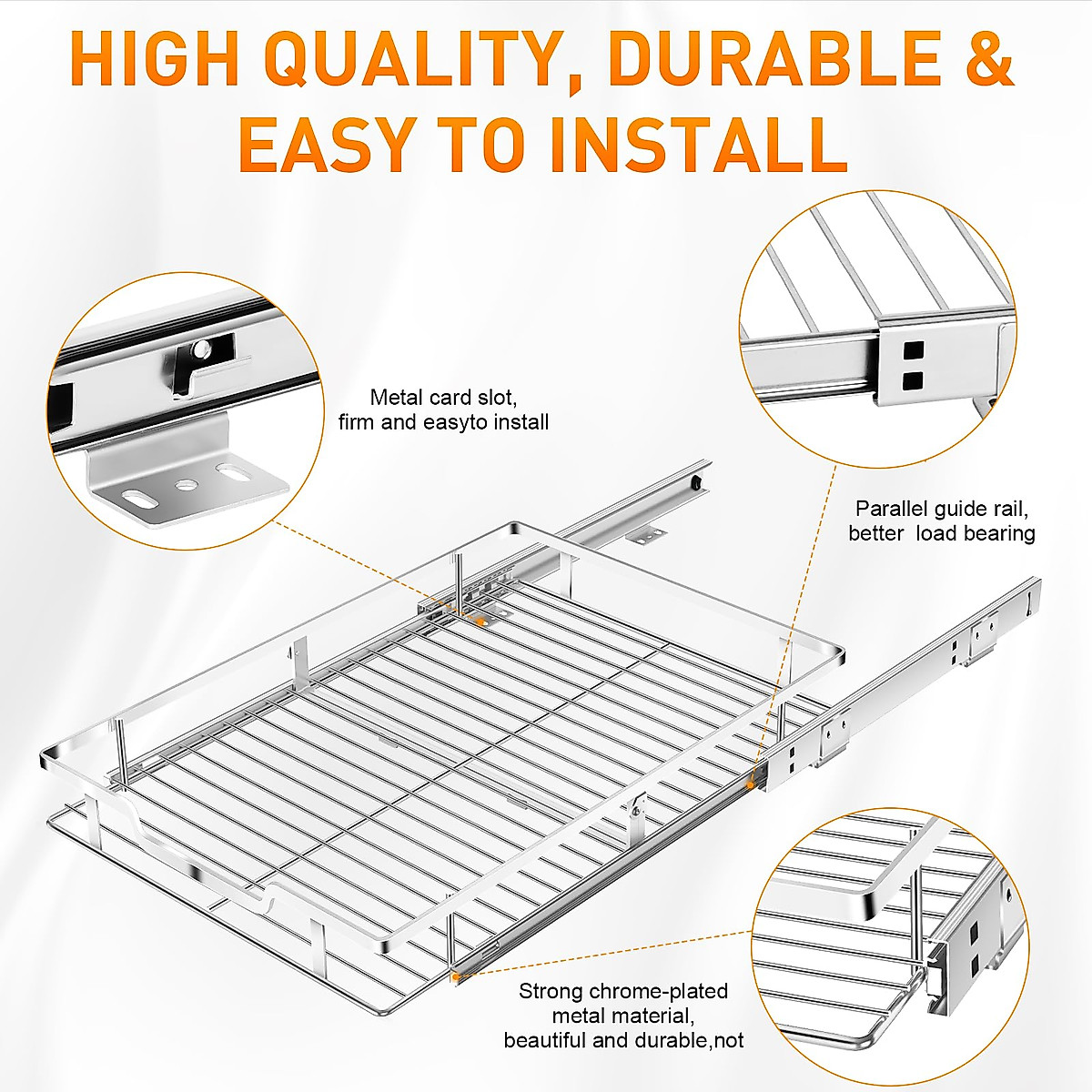 Tksrn Pull Out Cabinet Organizer, Heavy Duty Slide Out Pantry Shelves, Sliding Drawer Storage For Bathroom, Kitchen, Home, 15" W x 21" D, Chrome Finish（NEED 16" W and 22" D Cabinet）
