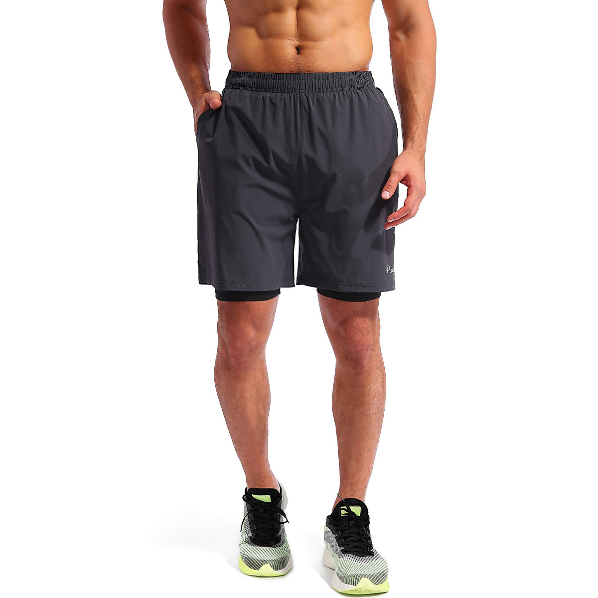 Pudolla Men’s 2 in 1 Running Shorts 7" Quick Dry Gym Athletic Workout Shorts for Men with Phone Pockets(Dark Grey Large)
