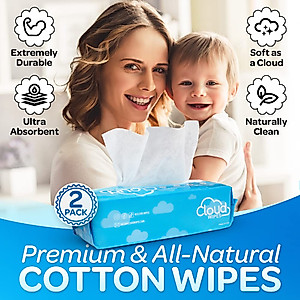 Cloud Wipes Pure Dry Cotton Baby Wipes Soft Durable Unscented Cloth Tissue for Sensitive Skin (2-Pack 200 Count)