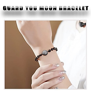 8MM Silver Obsidian Moon Bracelet - Solar System Planet Bracelet - Adjustable Beaded Bracelets For Teen Girls - Charm Bracelets Matching Bracelet Friendship Couple Bracelets