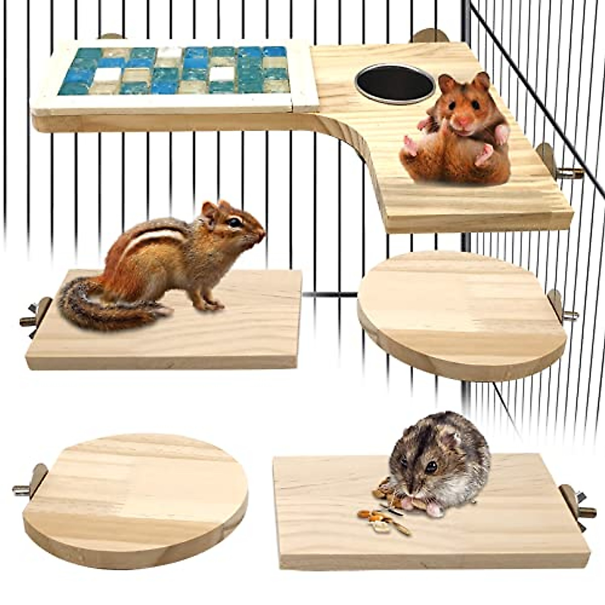BNOSDM Wooden Hamster Cage Platform Set Wood Chinchilla Ledges and Platforms Rectangle L-Shaped Round Cage Accessories with Cooling Standing Board&Food Cup for Mouse Squirrel Gerbil Guinea Pig