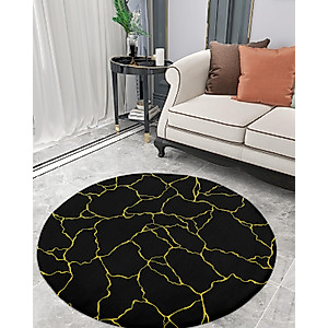 Black Gold Fluffy Round Area Rug Carpets 4ft, Plush Shaggy Carpet Soft Circular Rugs, Non-Slip Fuzzy Accent Floor Mat for Living Room Bedroom Nursery Home Decor Modern Geometric Abstract Art