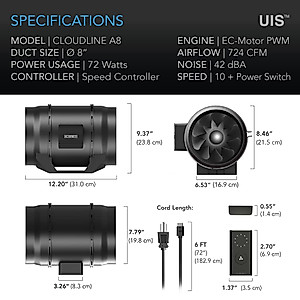 AC Infinity CLOUDLINE A8, Quiet 8" Inline Duct Fan with Speed Controller, EC Motor - Ventilation Exhaust Fan for Heating Cooling Booster, Grow Tents, Hydroponics