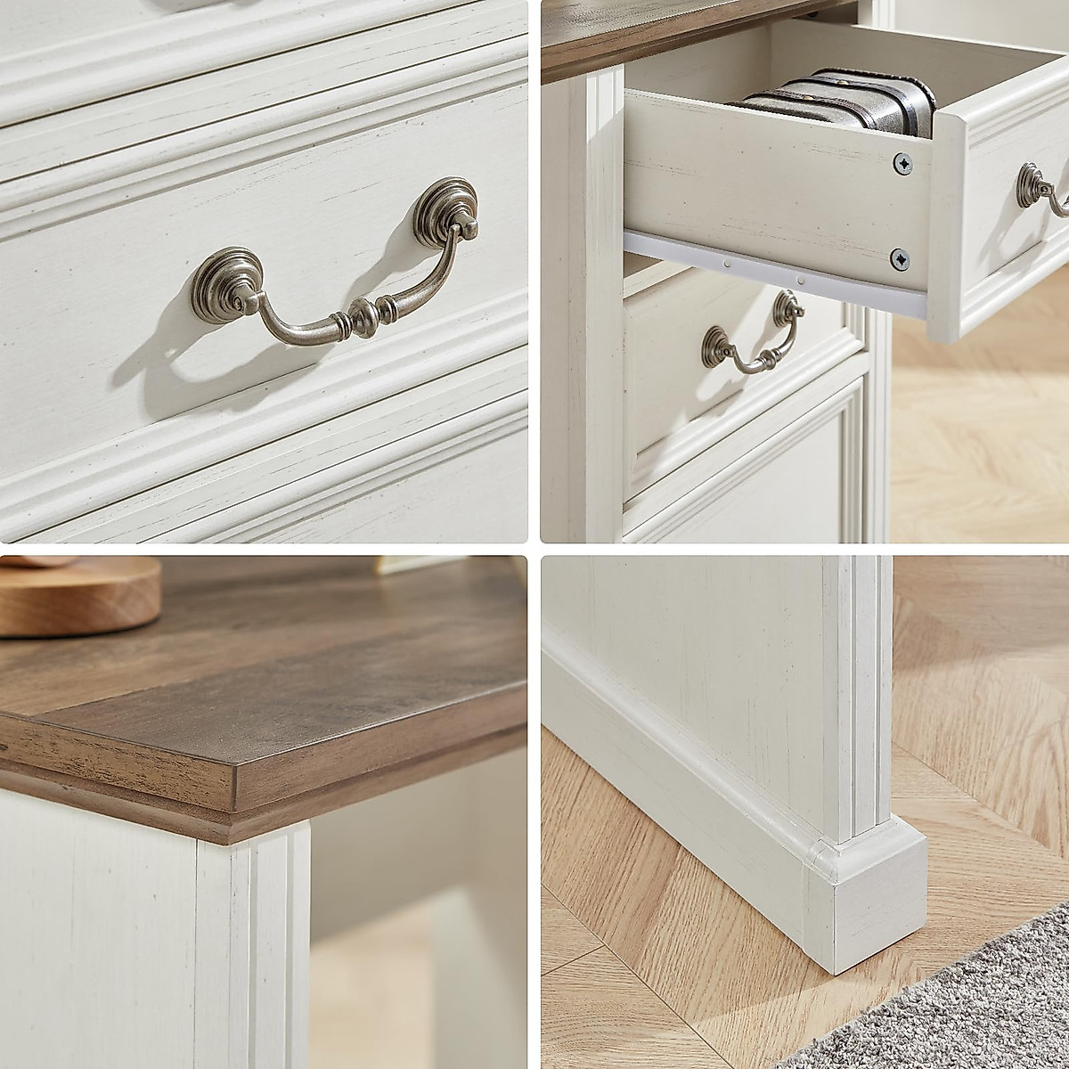 Vagaconl 55in Farmhouse Desk with Outlets, Mid Century Modern Desk with Charging Station File Cabinet, Storage Cabinet, Vintage Computer Writing Desk,Home Office,White and Brown