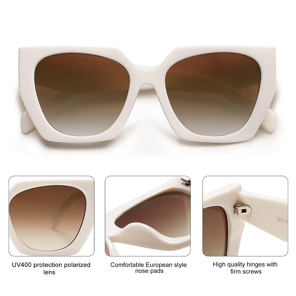 SOJOS Big Trendy Polarized Sunglasses Womens Oversized Cateye Sunnies Lentes De Sol Para Mujer SJ2205, Creamy White/Gradient Brown