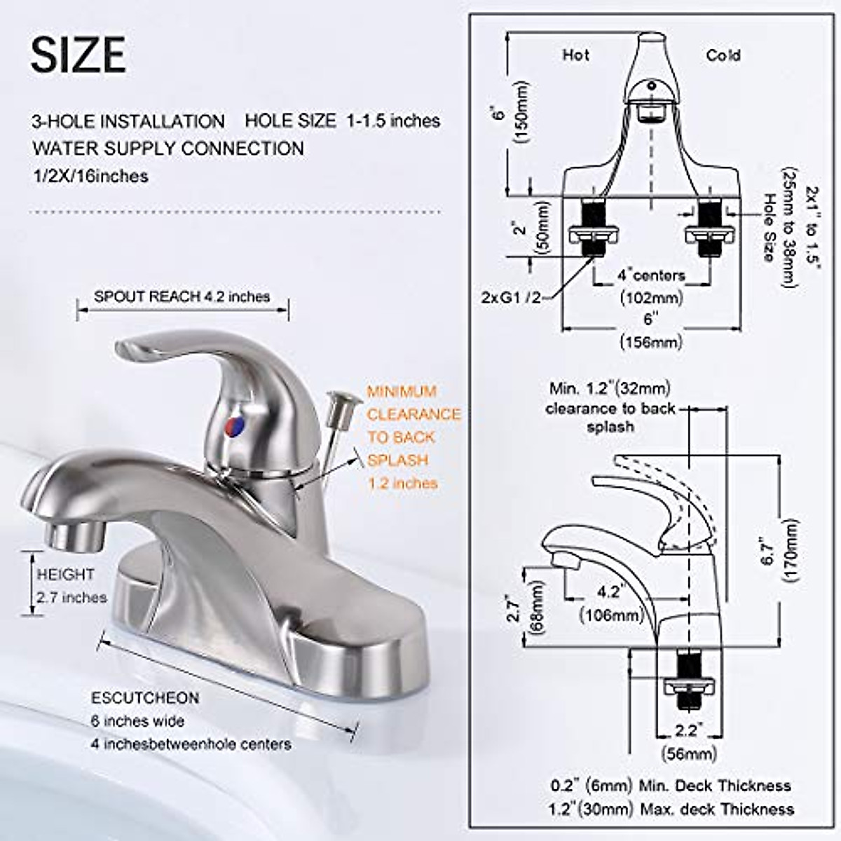 WOWOW Bathroom Faucet 1 Handle Low Arc Single Handle 4 inch Centerset Bathroom Sink Faucet with Pop Up Drain Assembly Basin Mixer Tap Brushed Nickel Vanity Faucets