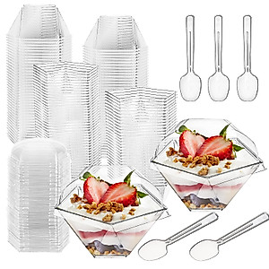 Foraineam 100 Pack Dessert Cups with 100 Lids and 100 Spoons, 3.7 oz. Clear Plastic Parfait Cups Disposable Reusable Diamond-shape Appetizer Cup Serving Bowls for Parties, Weddings and More