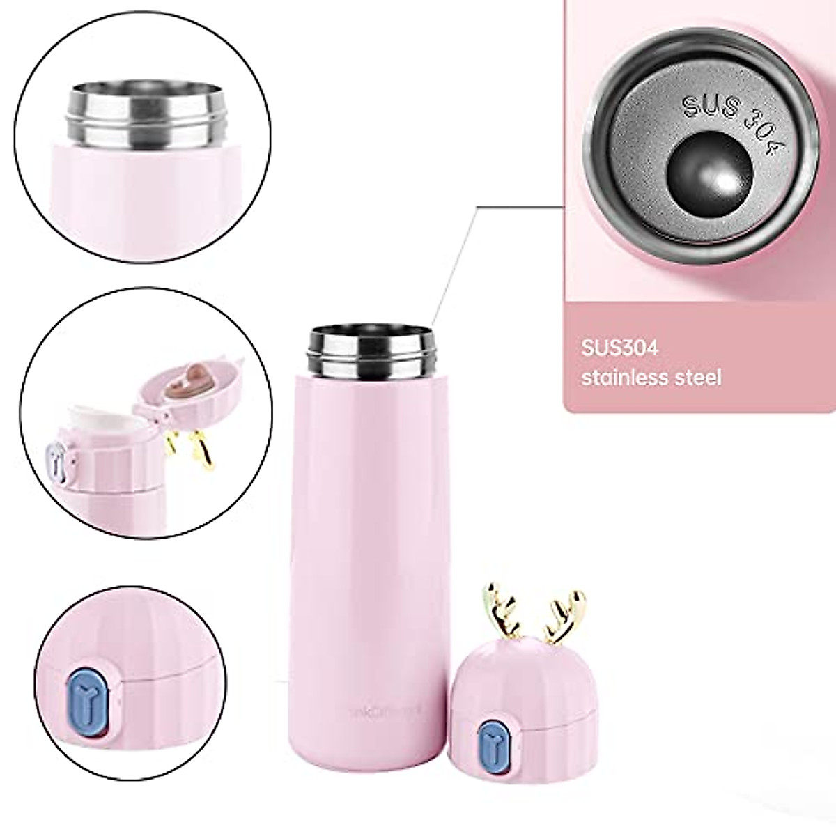 Water Bottle, Insulated Stainless Steel Water Bottle, Deer Horn Kids Cups, Vacuum Insulated Double Wall Camping Tumbler, Gifts for Women, Christmas, Friends, Mom, Her, Sister, Aunt, Daughter, 350 ML