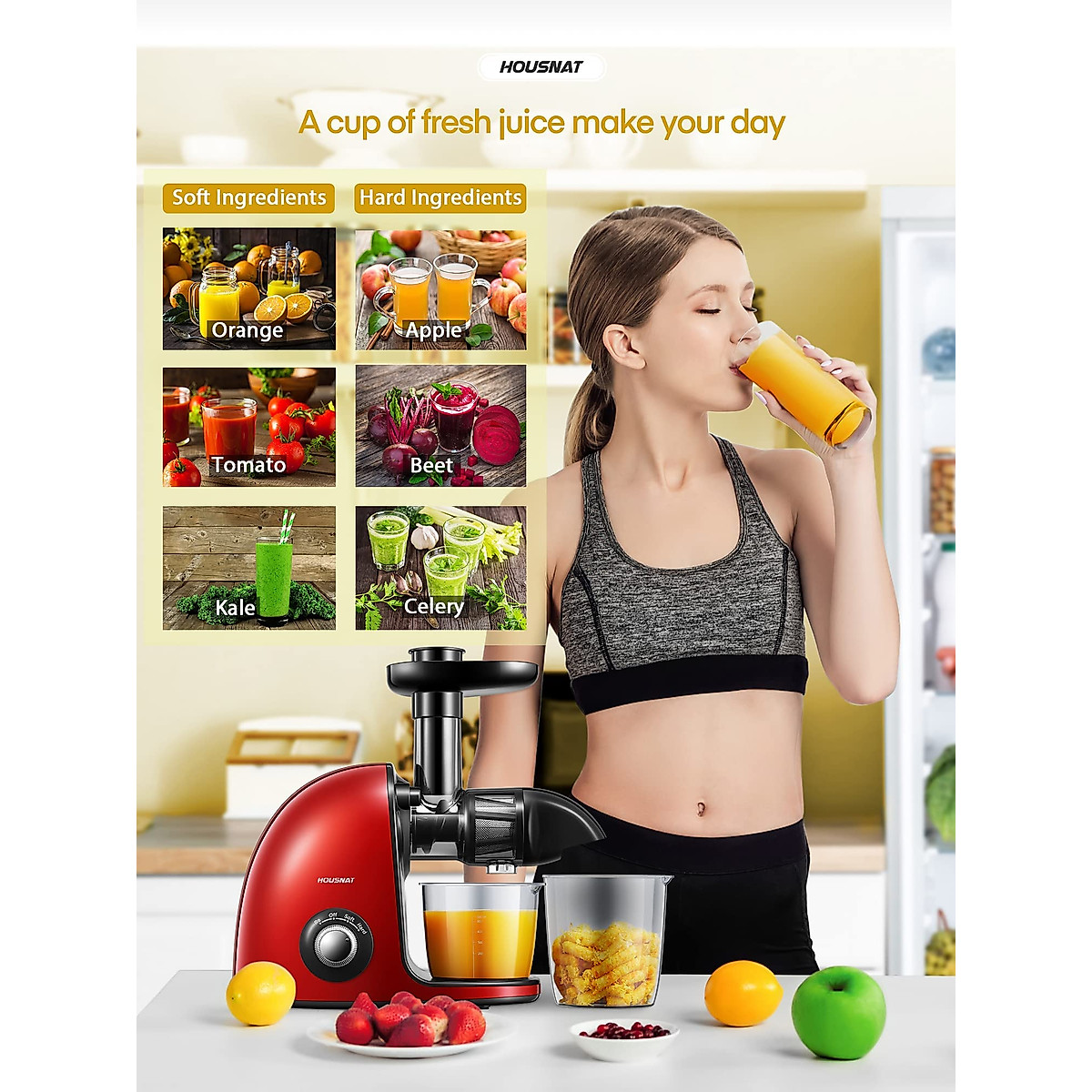 Juicer Machines Vegetable and Fruit, HOUSNAT Cold Press Juicer Extractor with 2-Speed Modes Easy to Clean, Slow Masticating Juicer with Quiet Motor, Reverse Function, Recipes (Passion Red)